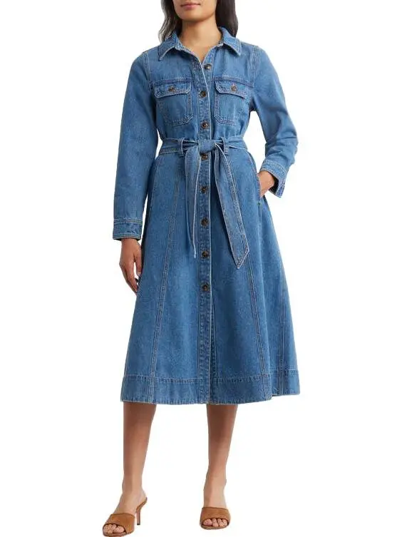 Wit & Wisdom Tie Waist Long Sleeve Denim Maxi Dress - Mid Blue