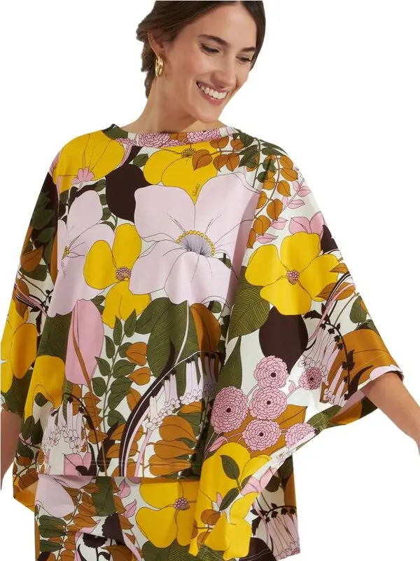 La DoubleJ Meditation Poncho - Big Flower Rose Pink