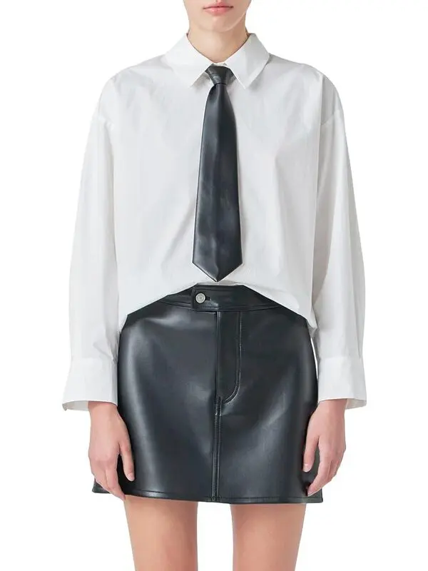 GREY LAB Faux Leather Necktie Button-up Shirt - White