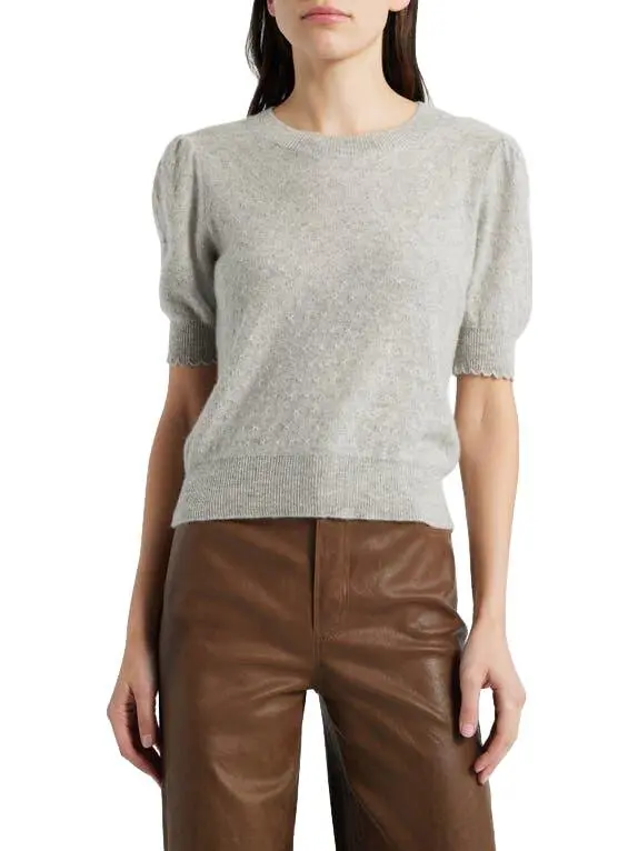 FRAME Puff Sleeve Pointelle Cashmere Sweater - Light Heather Grey