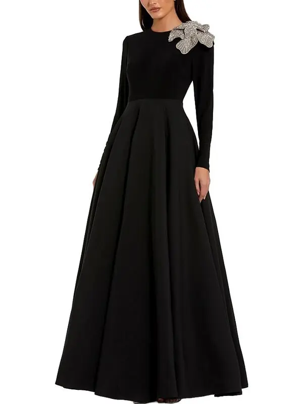 Mac Duggal Long Sleeve Taffeta Embellished 3d Flower Detail Ball Gown - Black