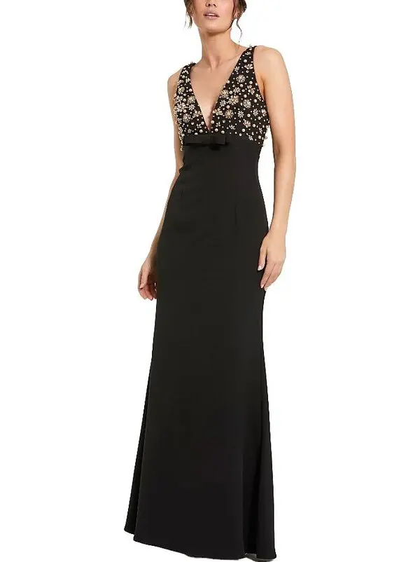 Mac Duggal Crepe Beaded V Neck Gown With Bow - Black