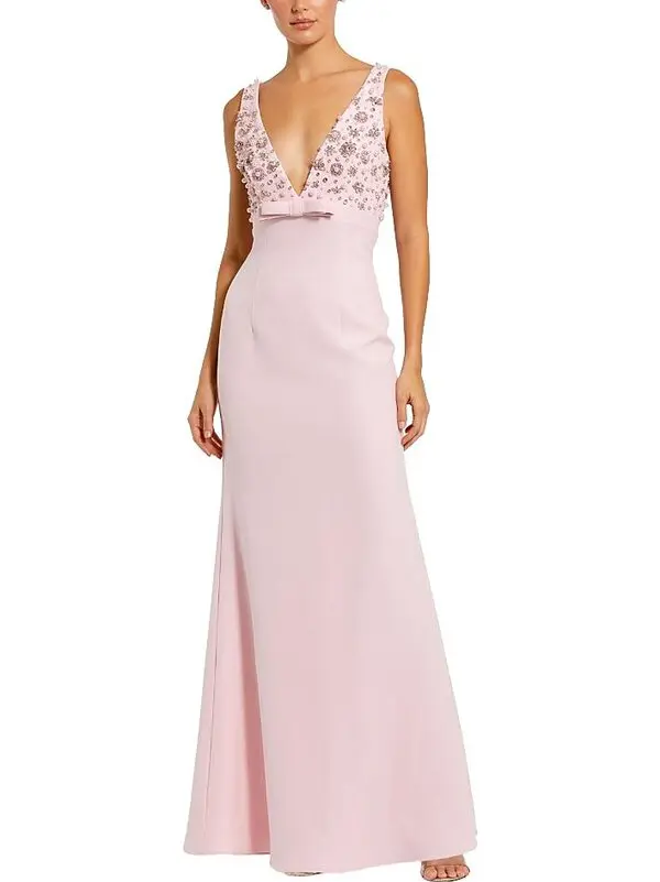 Mac Duggal Sleeveless Beaded V-neck Gown With Bow Accent - Blush