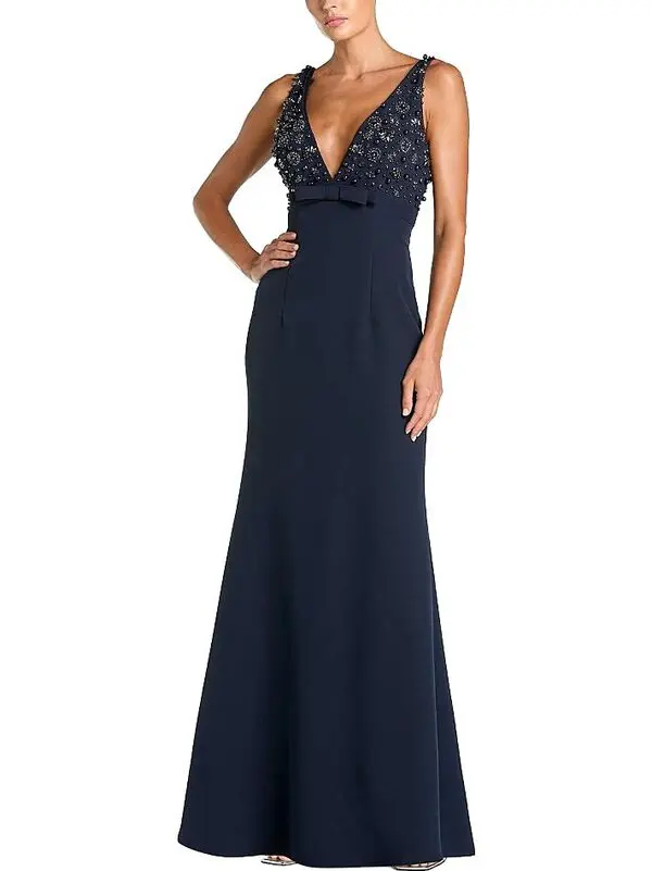 Mac Duggal Crepe Beaded V Neck Gown With Bow - Midnight