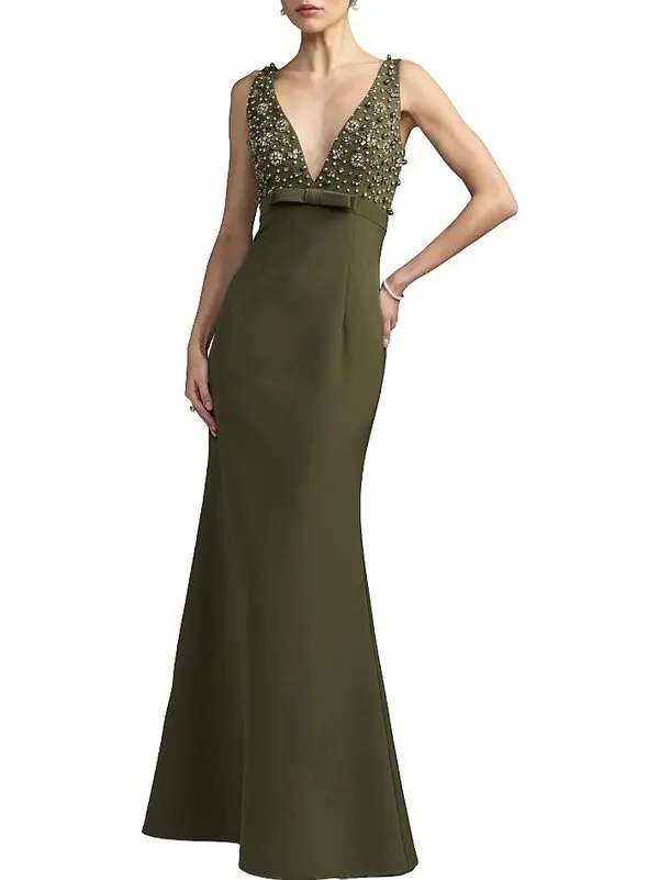 Mac Duggal Sleeveless Beaded V-neck Gown With Bow Accent - Olive