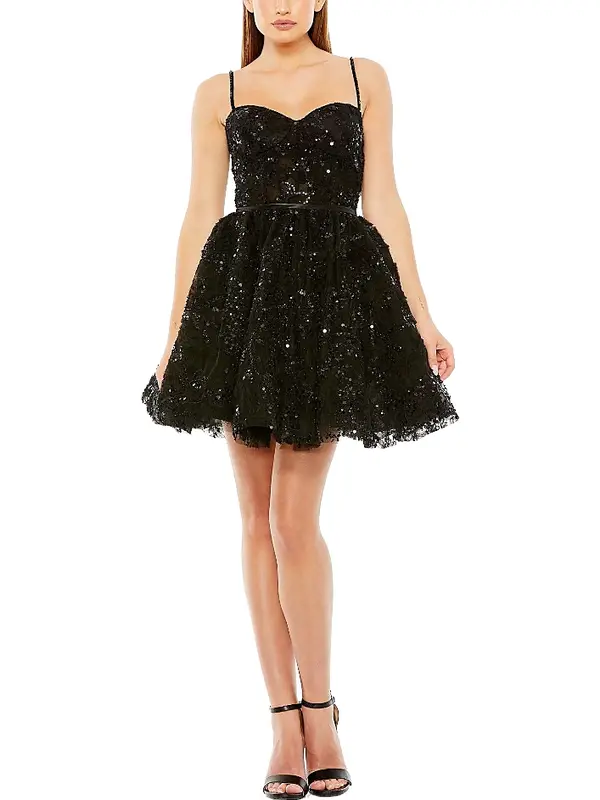 Mac Duggal Beaded Strap Bustier Sequin Detail Mini Dress - Black