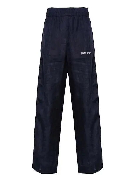 Palm Angels Logoprint Linen Track Pants - Navy Blue/off/white