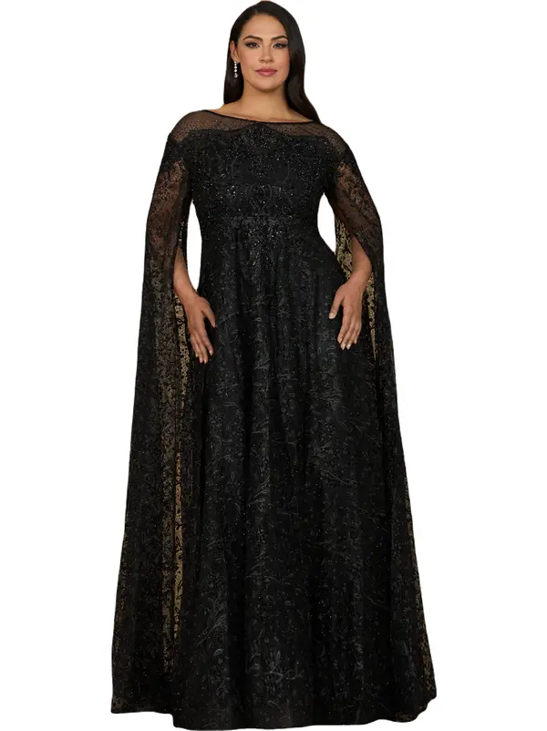 LARA NEW YORK Lace Gown With Cape Sleeves - Black