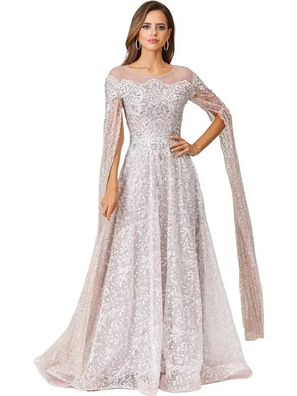 LARA NEW YORK Lace Gown With Cape Sleeves - Powderpink