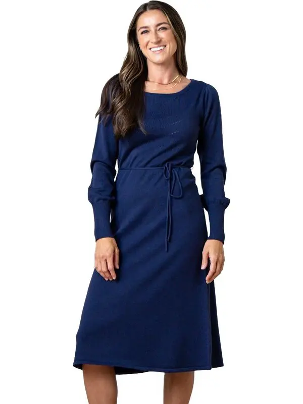 HOPE & HENRY Organic Cotton Pointelle Sweater Dress - Navy Pointelle