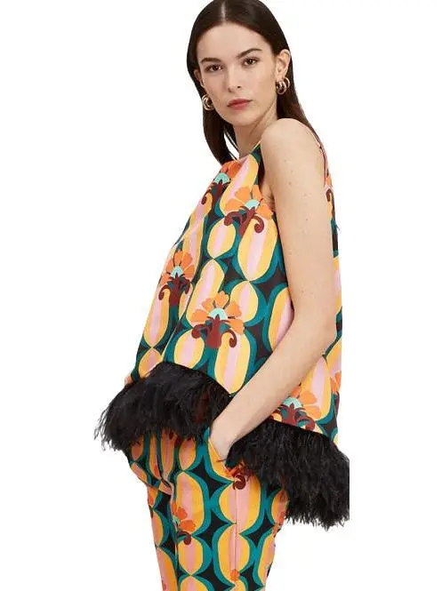 La DoubleJ La Scala Feather Trim Top - Arcturus Blue Petrol