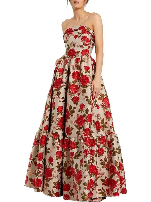 Mac Duggal Strapless Floral Brocade Gown - White Multi