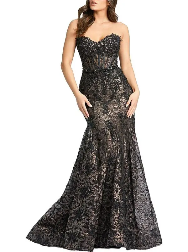 Mac Duggal Strapless Sweetheart Lace Embellished Beaded Trumpet Gown - Black Nude