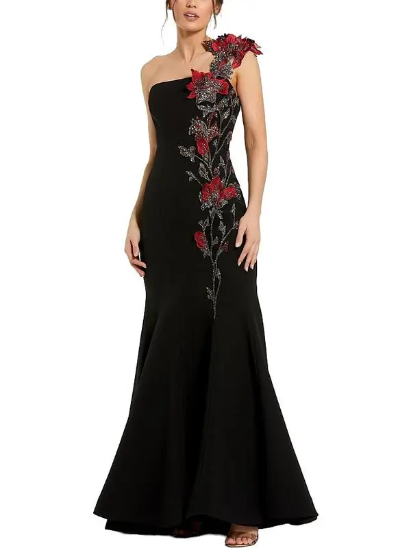 Mac Duggal One-shoulder 3d Floral Embroidered Gown - Black Multi
