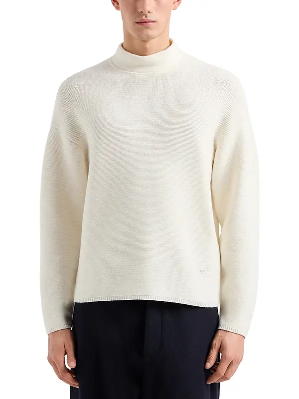 Emporio Armani Virgin Wool Allover Jacquard Striped Sweater - Calm White