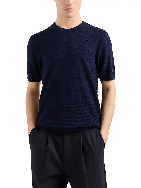 Emporio Armani Allover Jacquard Short Sleeve Sweater - Navy Blue