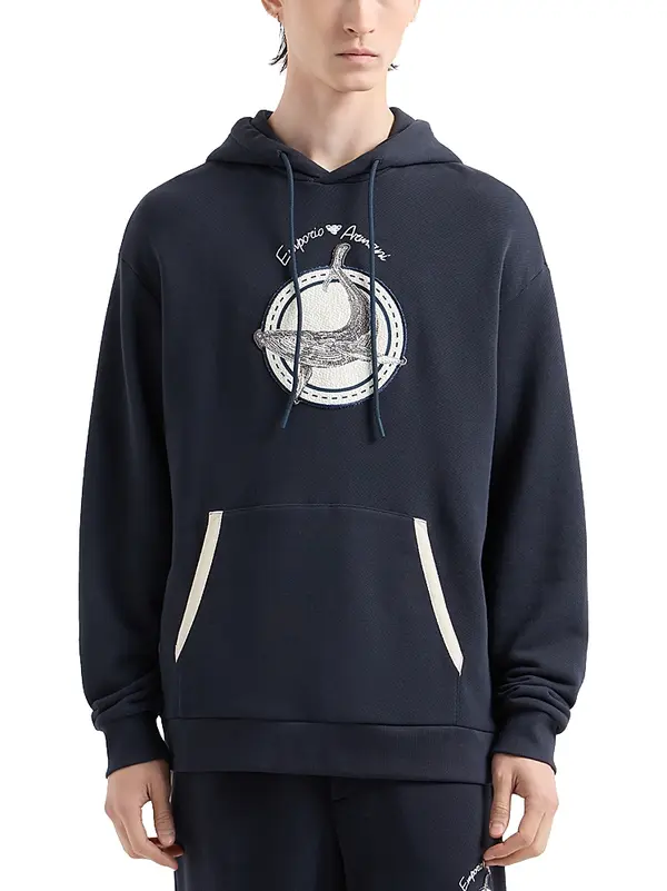 Emporio Armani Cotton Twill Whale Patch Hoodie - Navy Blue