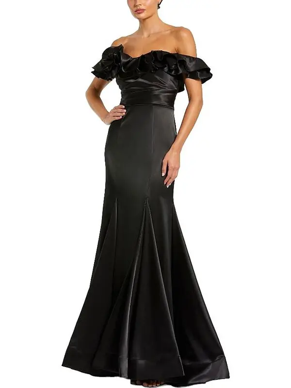 Mac Duggal Satin Ruffle Off The Shoulder Gown - Black