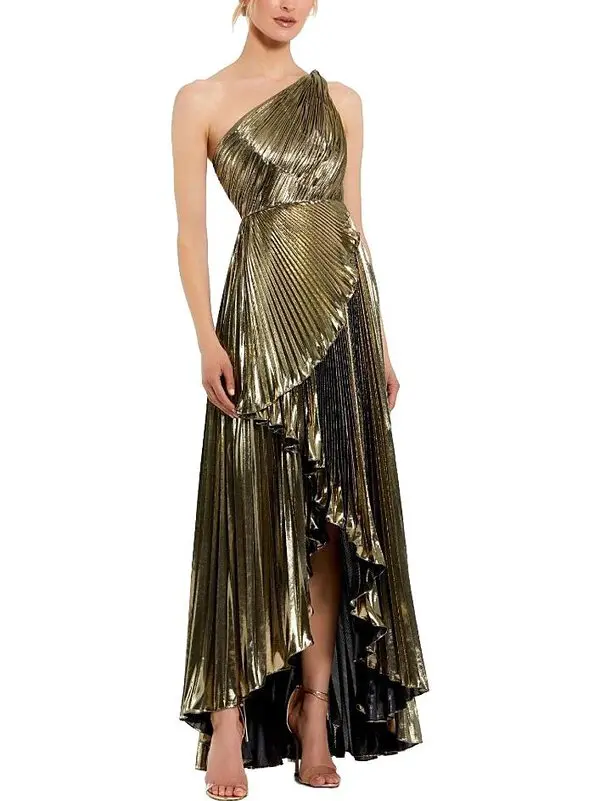 Mac Duggal Metallic Pleated One Shoulder Gown - Gold