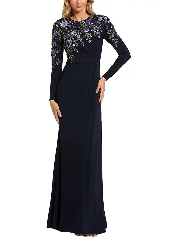 Mac Duggal Floral Embroidery Embellished Gown - Midnight