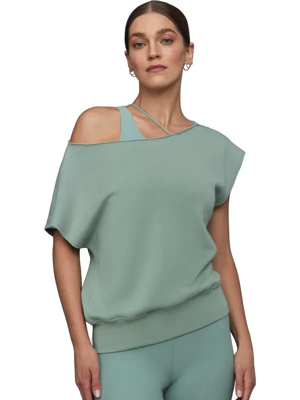 Carbon38 Short Sleeve Off Shoulder Sweatshirt - Granite Green