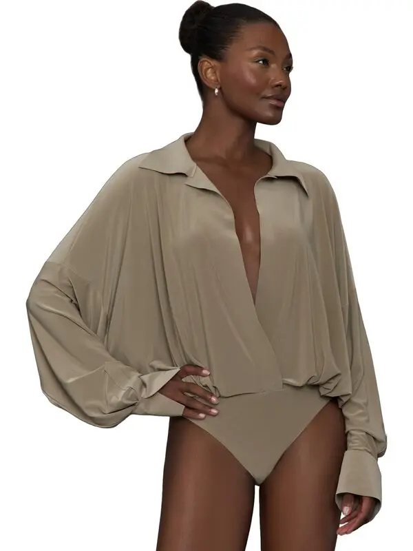 Norma Kamali Super Oversized Boyfriend Nk Shirt Bodysuit - Elm