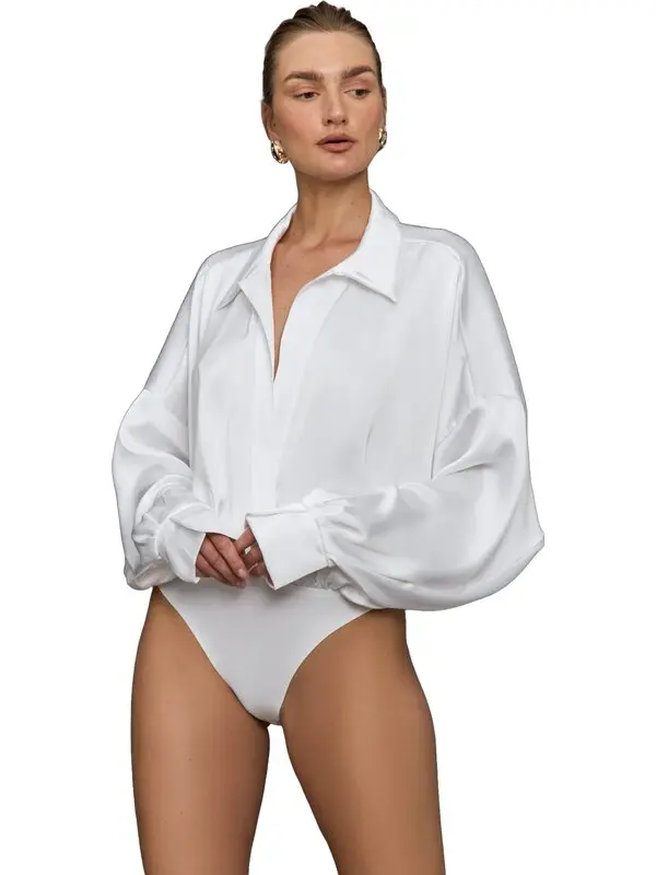 Norma Kamali Super Oversized Boyfriend Nk Shirt Bodysuit - Snow White