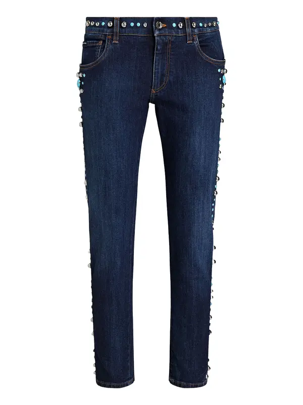 Dolce & Gabbana Skinny Fit Cropped Studded Denim Jeans - Dark Denim