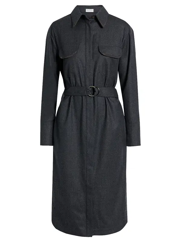 Brunello Cucinelli Bead-embellished Wool-flannel Midi Shirt Dress - Charcoal