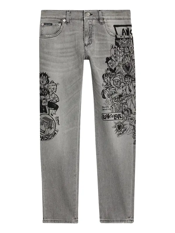 Dolce & Gabbana Slim-fit Printed Denim Jeans - Light Gray