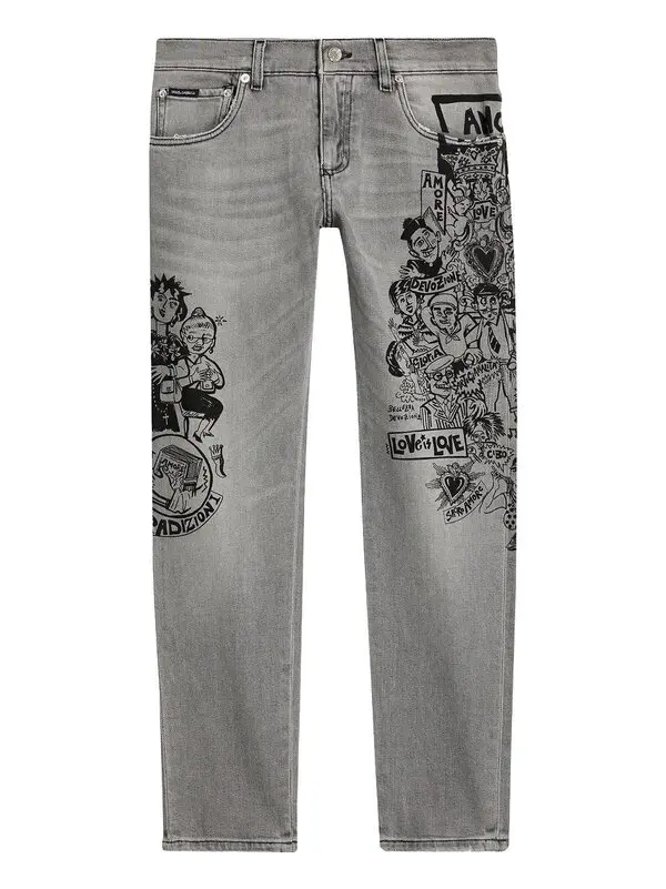 Dolce & Gabbana Slim-fit Printed Denim Jeans - Light Gray