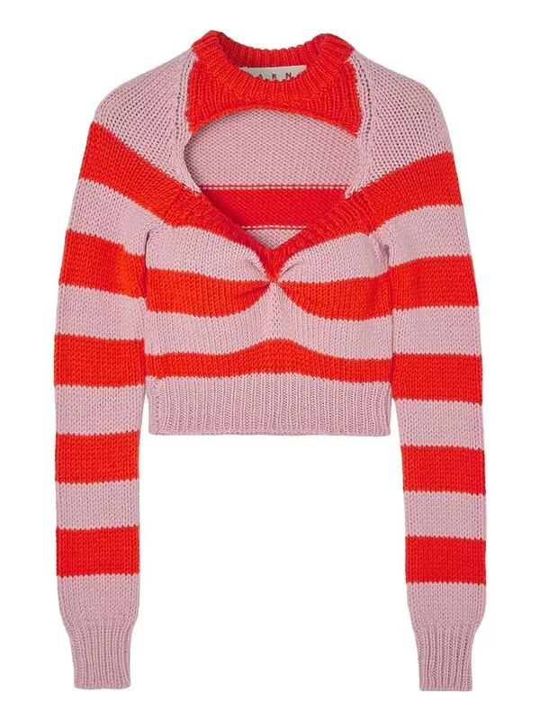 Marni Cropped Cutout Striped Wool Sweater - Baby Pink