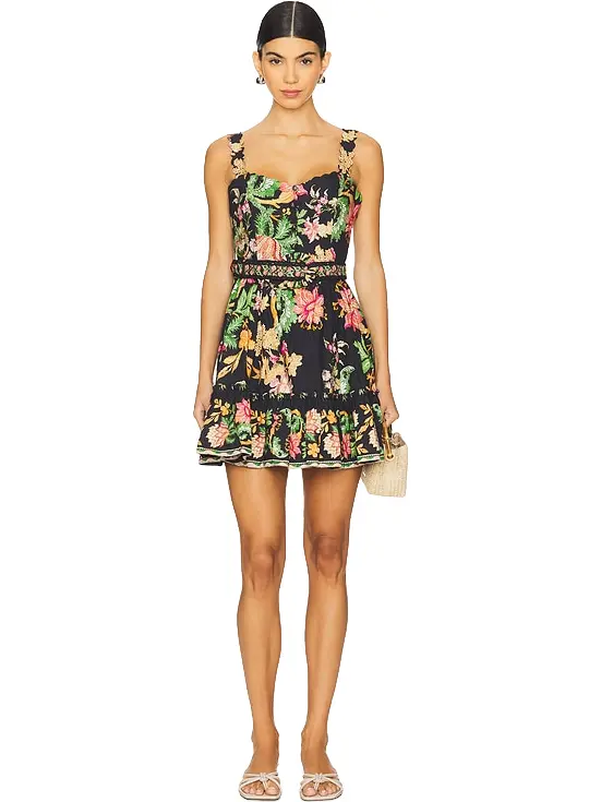 Hemant & Nandita Short Dress With Hand Crafted Button And Belt - Black Floral