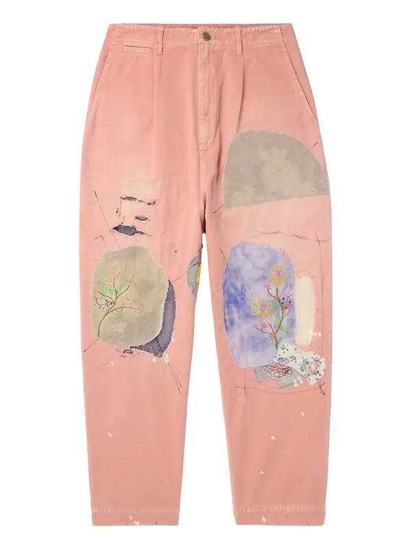 Kapital Katsuragi Tapered Appliquéd Distressed Cotton-twill Trousers - Pink