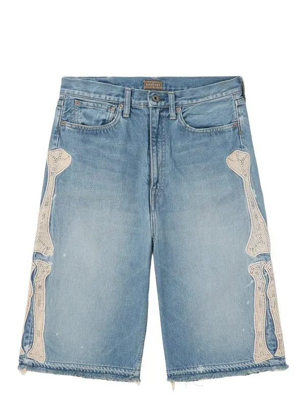 Kapital Straight-leg Appliquéd Distressed Denim Shorts - Blue