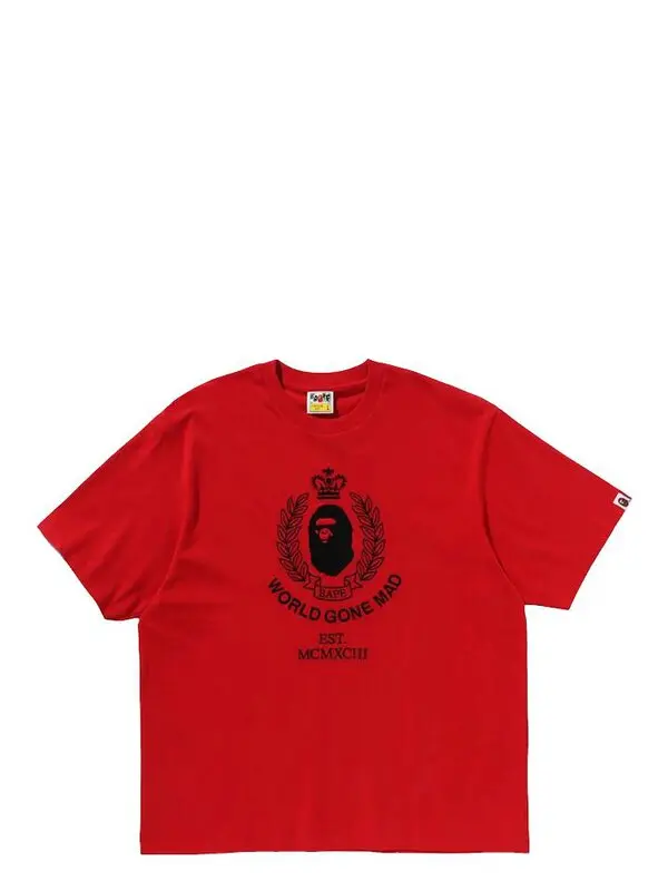 A BATHING APE Crest College Logo Relaxed Fit Tee Shirt - Red