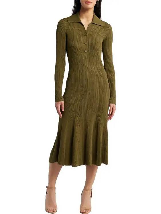Julia Jordan Variegated Ribbed Midi Sweater Dress - Avocado