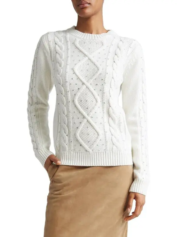 Max Mara Onde Embellished Cable Stitch Sweater - White