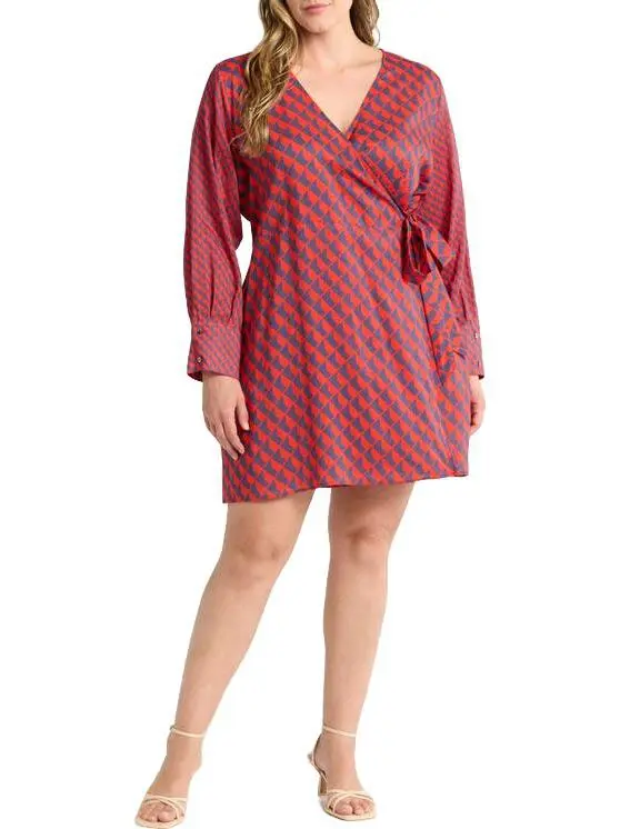 HARSHMAN Althea Long Sleeve Wrap Dress - Poppy Red/navy Pattern