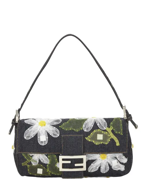 Fendi Floral Embroidered Denim Baguette - Navy