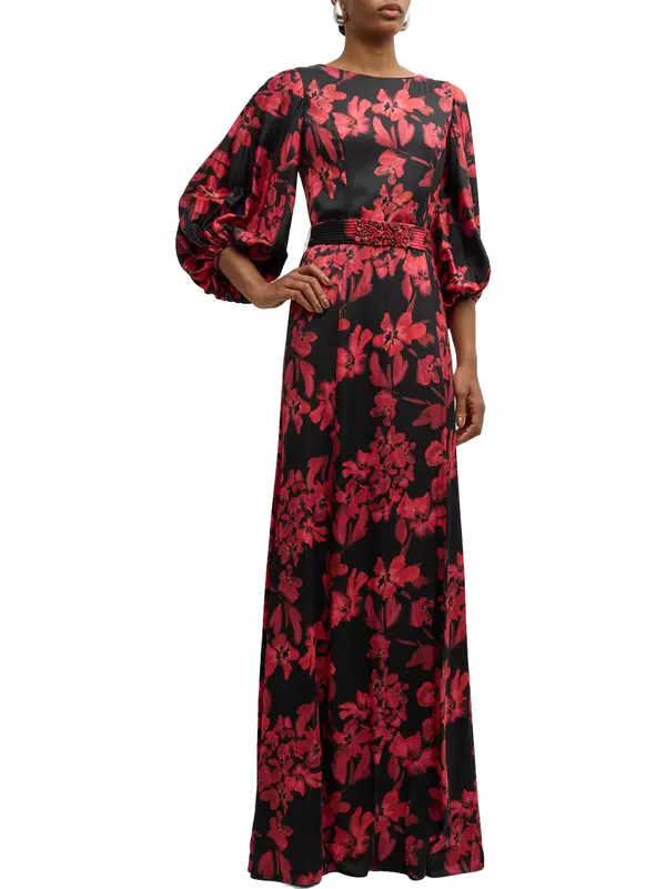 Rickie Freeman For Teri Jon Belted Floral-print Gown - Black Red