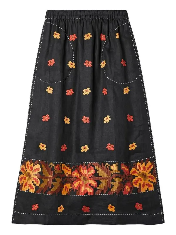 Vita Kin Tasya Embroidered Linen Midi Skirt - Black