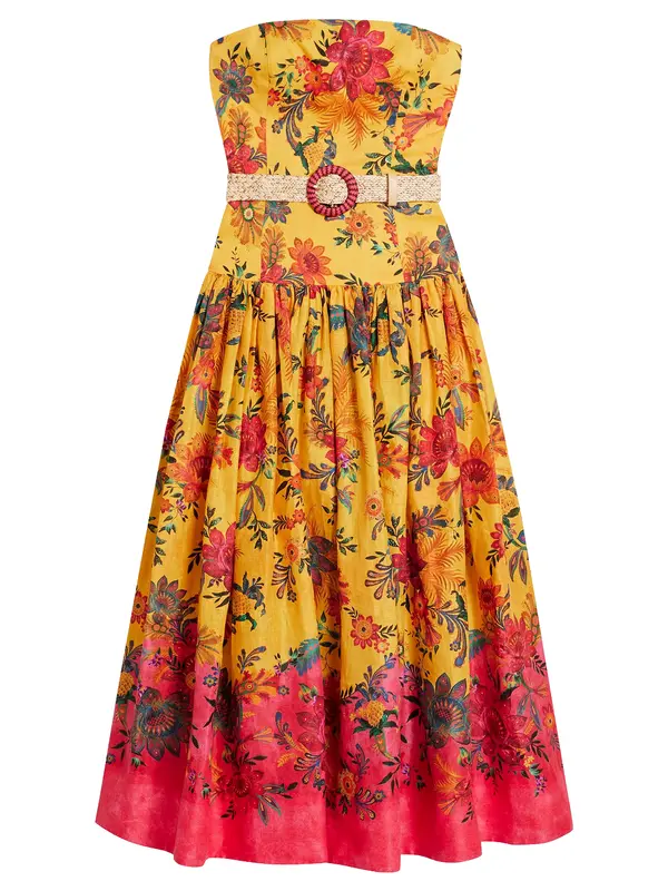 Zimmermann Strapless Belted Floral-print Linen Midi Dress - Yellow