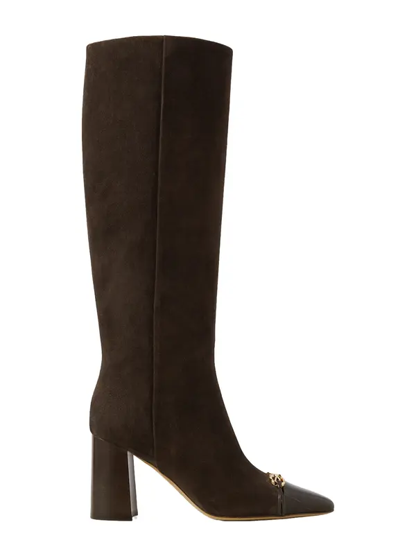 FERRAGAMO Sibilla Embellished Leather-trimmed Suede Knee Boots - Brown