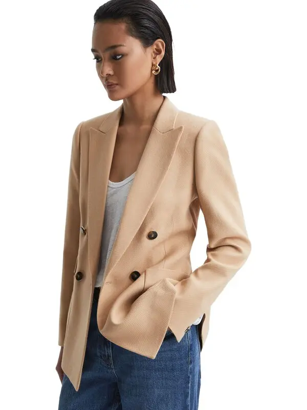REISS Larsson Double-breasted Twill Blazer - Light Camel