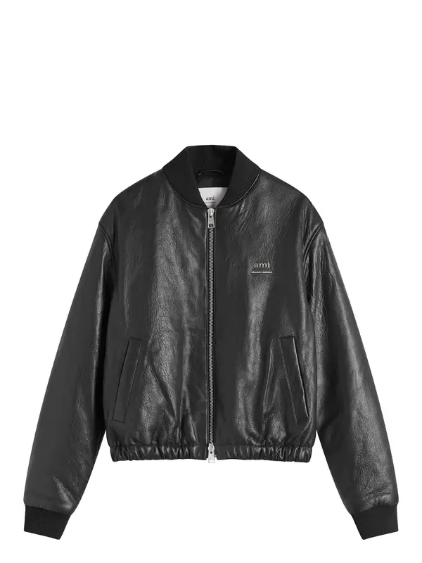 Ami Padded Leather Bomber Jacket - Black