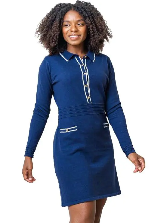 HOPE & HENRY Button Front Sweater Dress - Navy With White Tipping