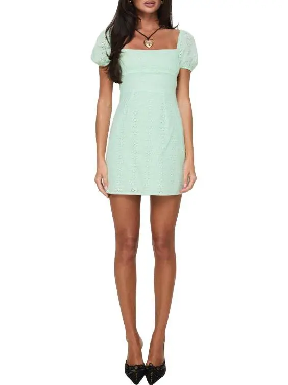 Princess Polly Havena Puff Sleeve Cotton Eyelet Minidress - Medium Green
