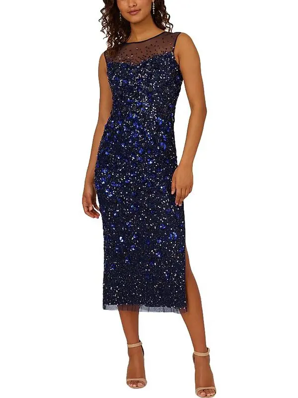 Adrianna Papell Beaded Sequin Embellishment Midi Dress - Light Navy