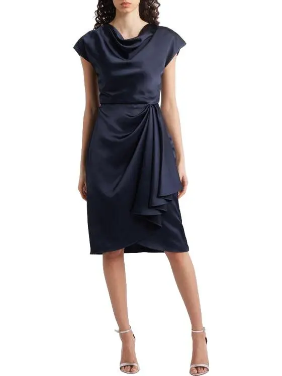 Amsale Cowl Neck Satin Sheath Dress - Navy